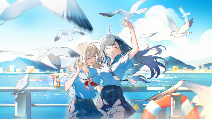 Safebooru - 2girls absurdres azusawa kohane bird blue hair blue skirt blush brown hair can ...
