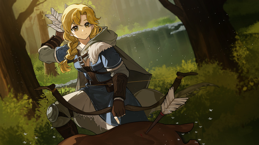 Safebooru - 1girl blonde hair bow (weapon) braid brown eyes cape ...