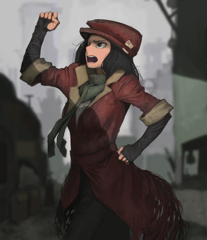 Safebooru - 1girl arm up black gloves black hair black pants breasts ...