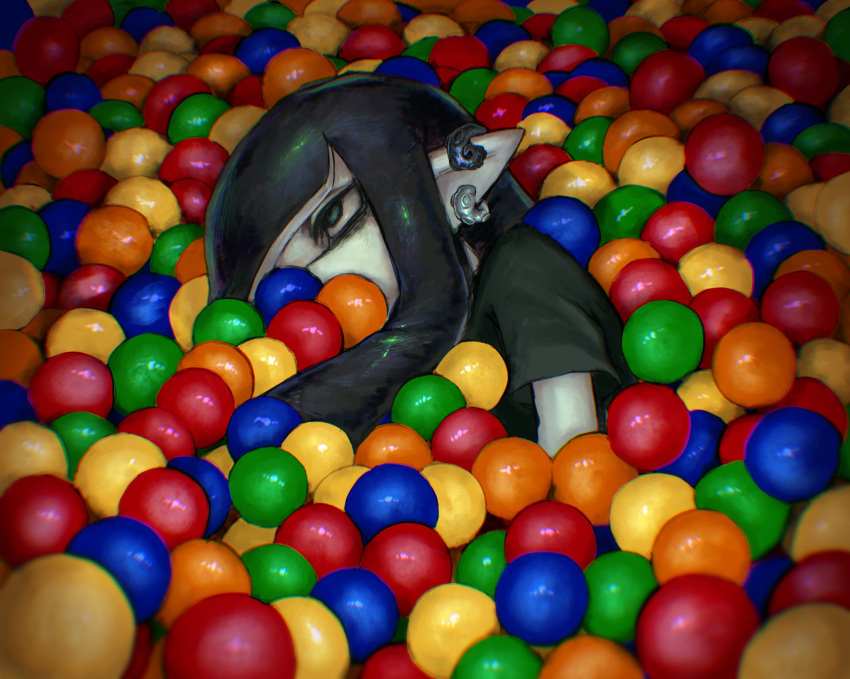 Safebooru - ball pit black hair black shirt green eyes highres inkling ...