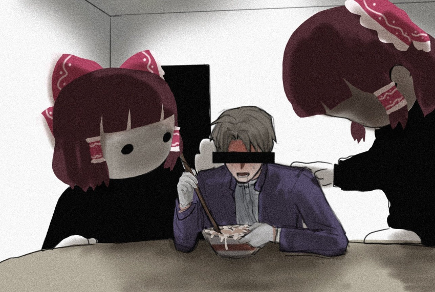 Safebooru - 1boy 2girls black eyes blank room soup bow bowl brown hair ...