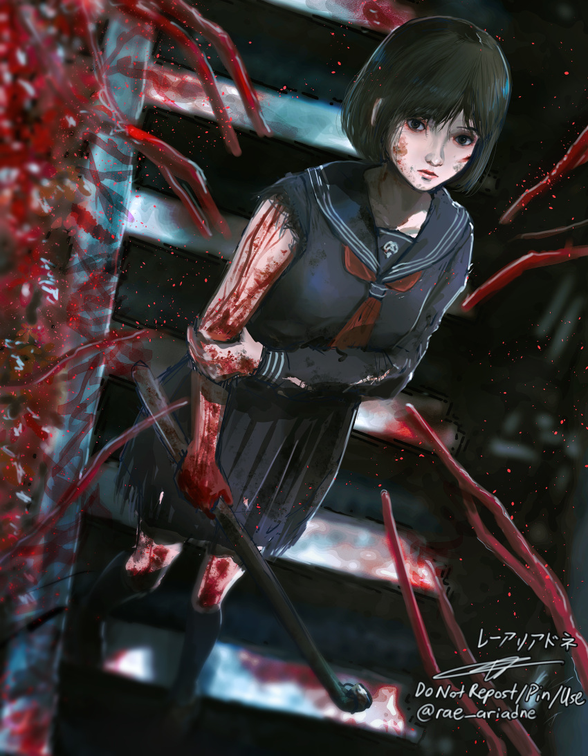 Safebooru - 1girl absurdres black hair blood blood on face blood on hands full body highres ...