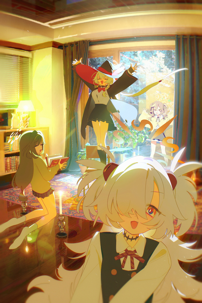 Safebooru - 4girls absurdres arms up black skirt blue archive bm tol book brown hair candle cape ...