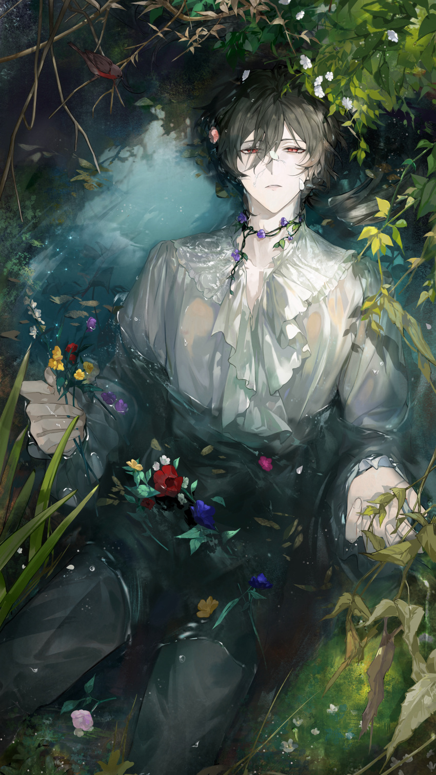 Safebooru - 1boy absurdres afloat anemone (flower) ayn alwyn bird black ...
