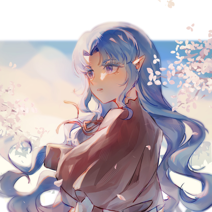 Safebooru - 1girl blue hair blue sky branch cloak falling petals flower ...