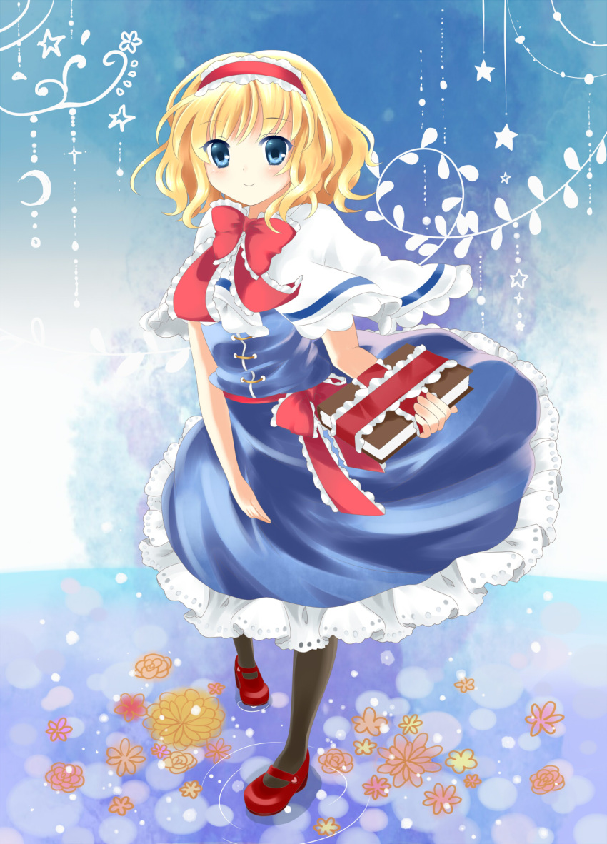 Safebooru - alice margatroid blonde hair blue eyes blush book bow capelet dress flower hairband ...
