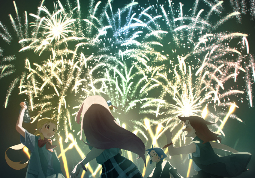 Safebooru - 4girls absurdres aerial fireworks black shirt blonde hair ...
