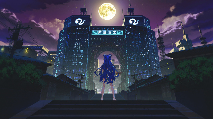 Safebooru - 1girl absurdres back banjie blue hair blue skirt bowl ...