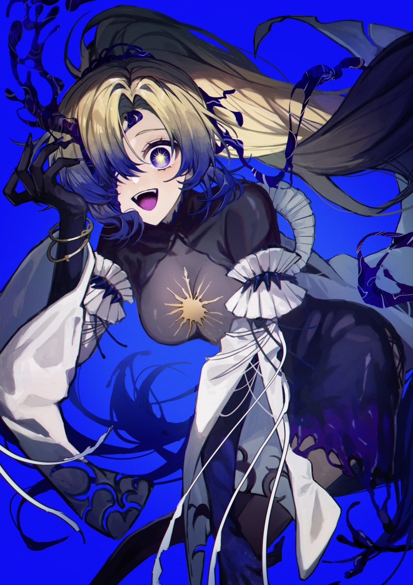 Safebooru - 1girl absurdres arcaea black bodysuit black gloves black thighhighs blonde hair blue ...