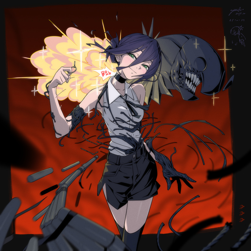Safebooru - 1girl absurdres black choker black shorts black thighhighs bomb devil (chainsaw man ...