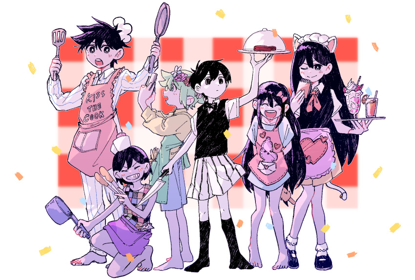 Safebooru - 2girls 4boys animal ears antenna hair apron arms up aubrey ...