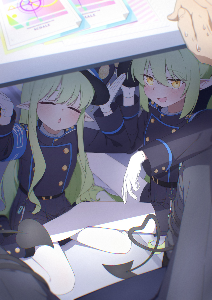 Safebooru - 1boy 2girls absurdres arm rest armband belt black belt black hat black jacket black ...