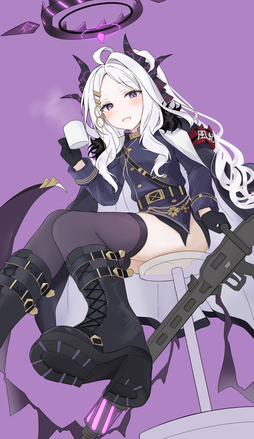 Safebooru - 1girl absurdres ahoge armband black coat black gloves black halo black skirt black ...