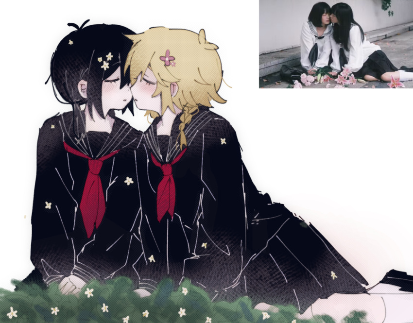 Safebooru - 2girls alternate costume antenna hair basil (faraway) (omori) basil (omori) black ...