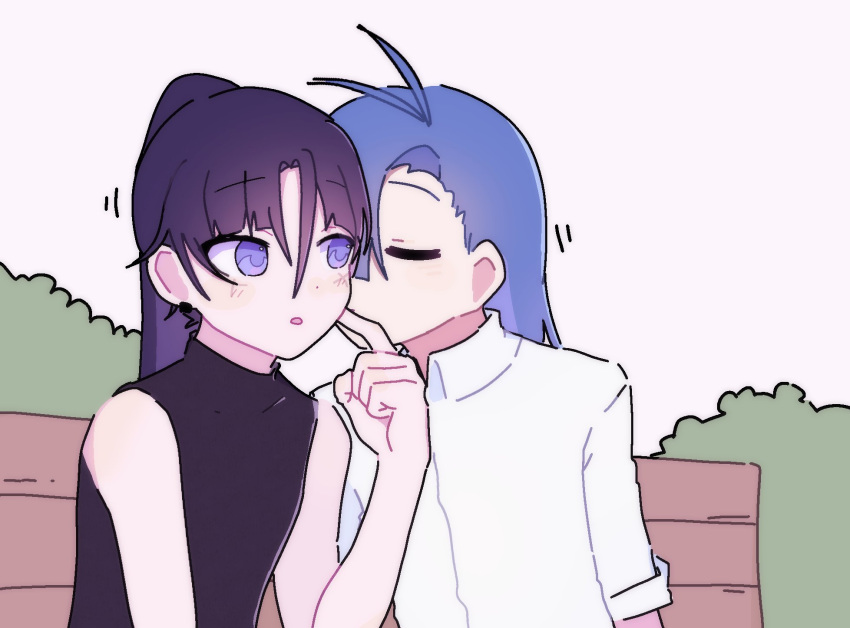 Safebooru - 2girls ado (utaite) ahoge bench black shirt blue eyes blue ...