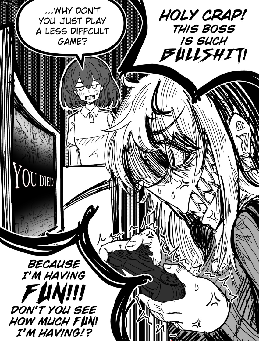 Safebooru - 2girls @ @ anger vein angry artist name bags under eyes ...