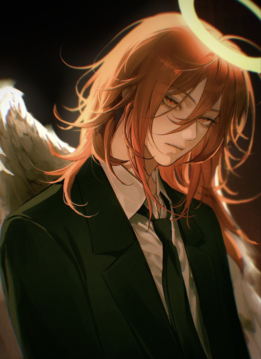 Safebooru - 1boy angel angel devil (chainsaw man) angel wings black background black necktie ...