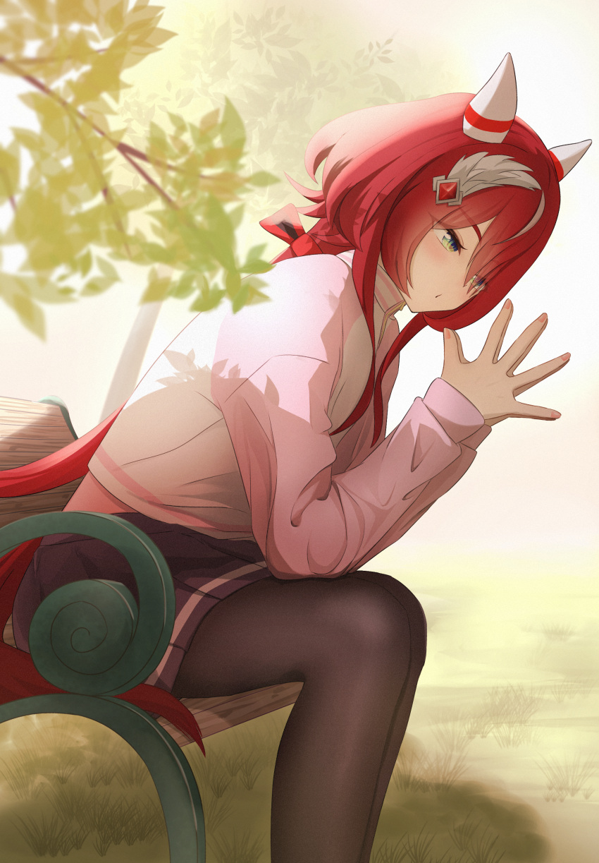 Safebooru - 1girl absurdres animal ears bench black pantyhose black skirt casual commentary ...