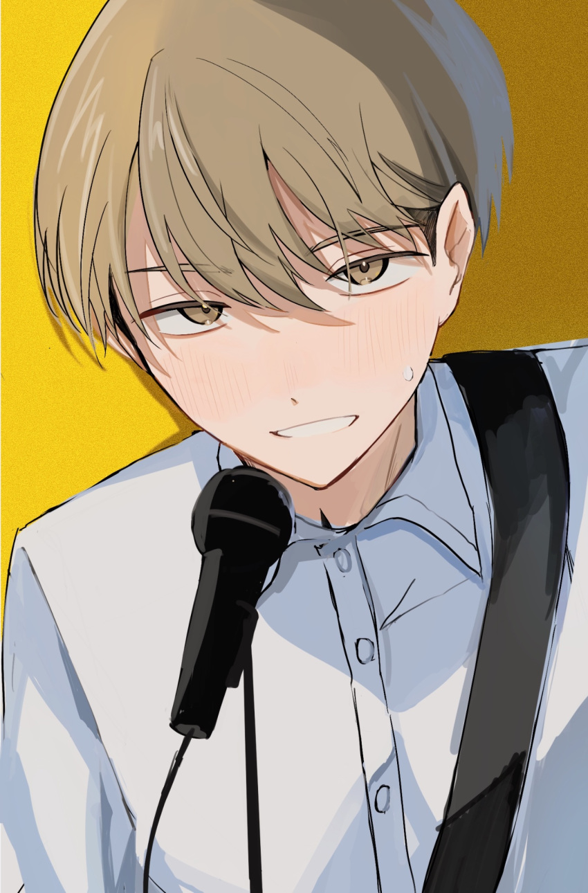 Safebooru - 1boy blush brown eyes brown hair cable collared shirt ...