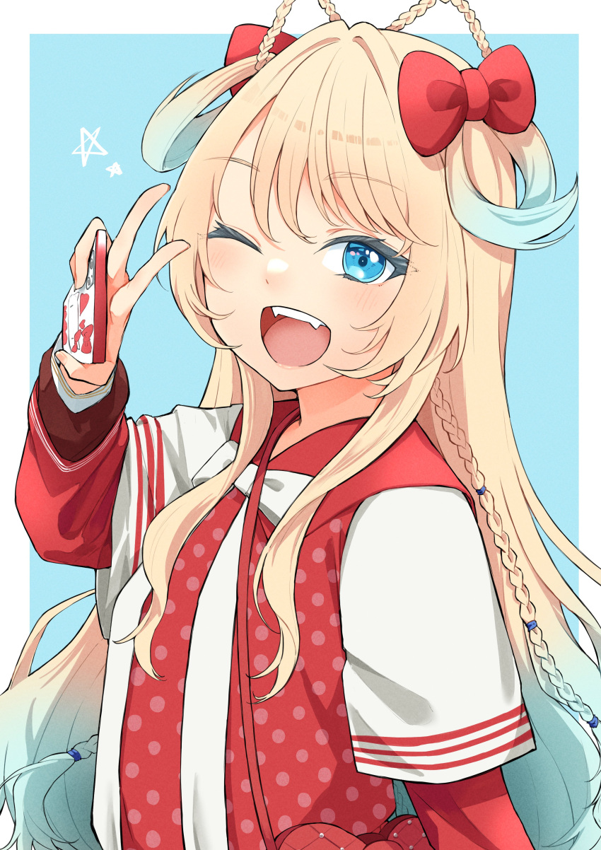 Safebooru - 1girl ;d absurdres blonde hair blue background blue eyes ...