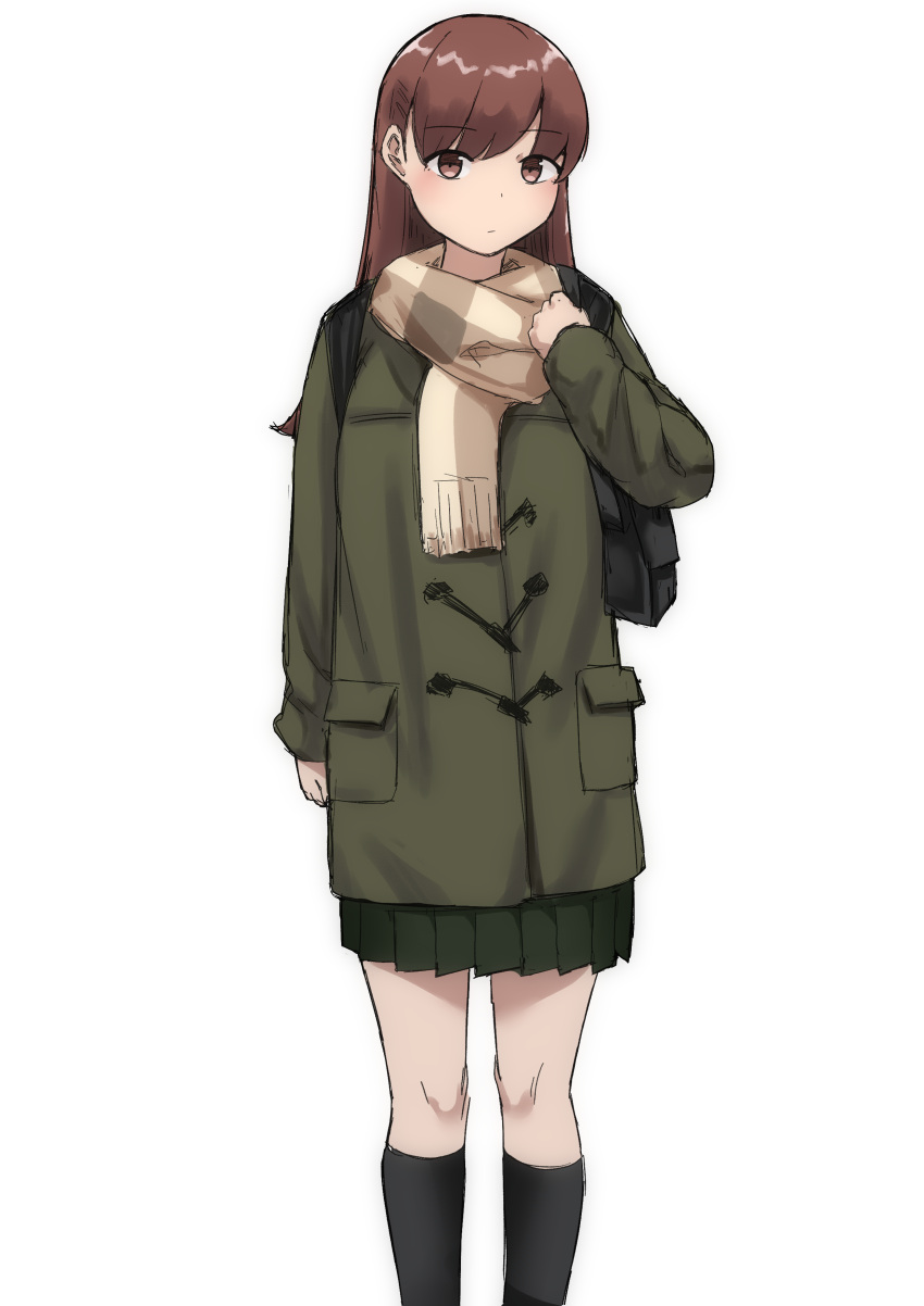 Safebooru - 1girl absurdres black socks brown eyes brown hair brown scarf coat feet out of frame ...