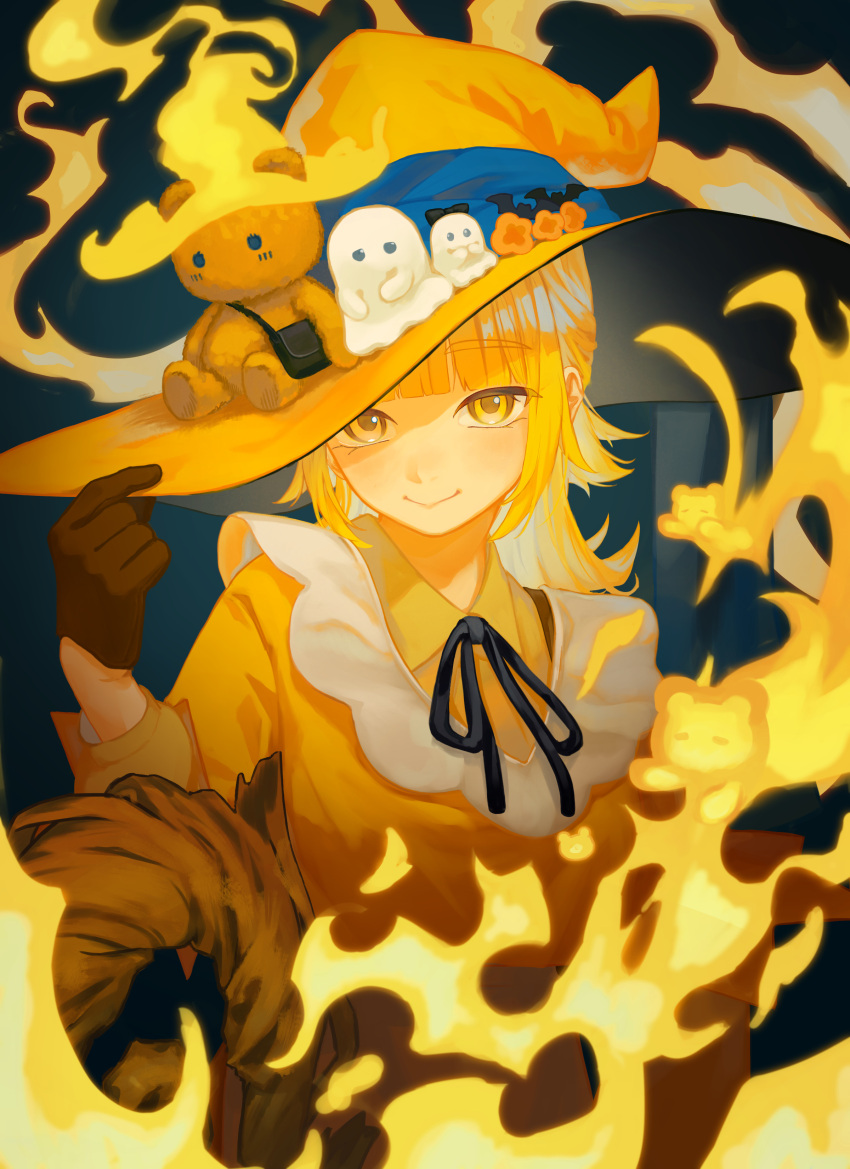 Safebooru - 1girl absurdres blonde hair brown gloves dress fire gloves halloween hand on ...