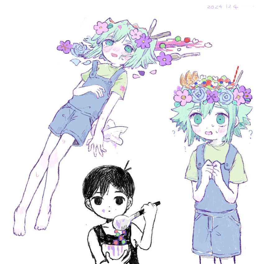 Safebooru - 2boys ? barefoot basil (headspace) (omori) basil (omori) black eyes black hair black ...