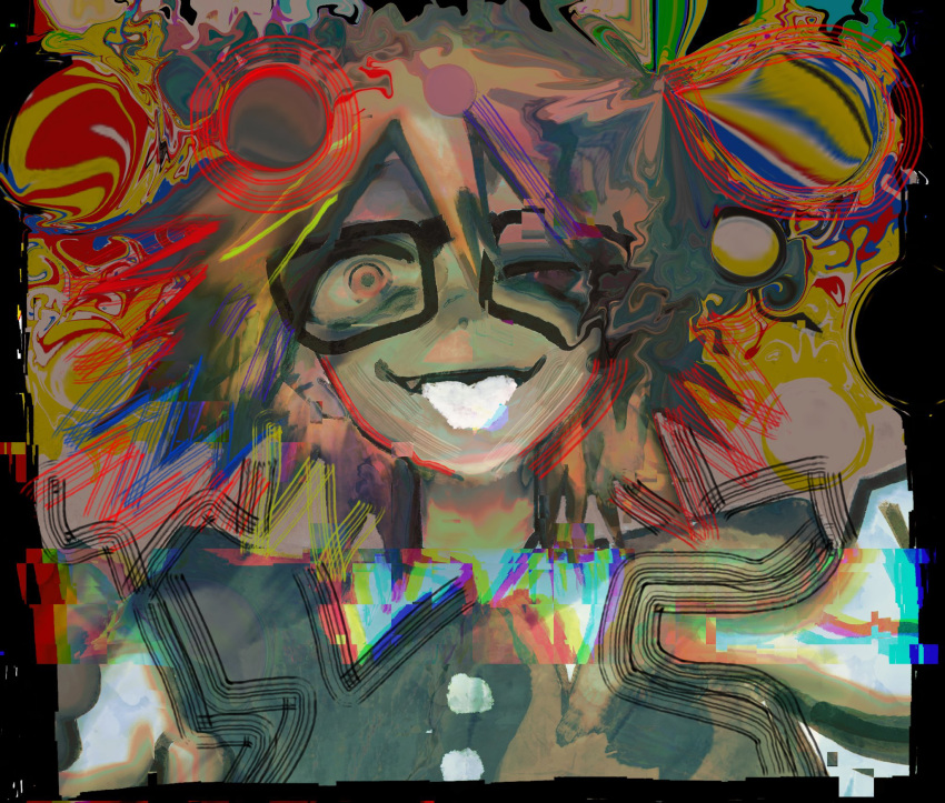 Safebooru - 0000k lll 1boy fang glasses hands up highres looking at ...