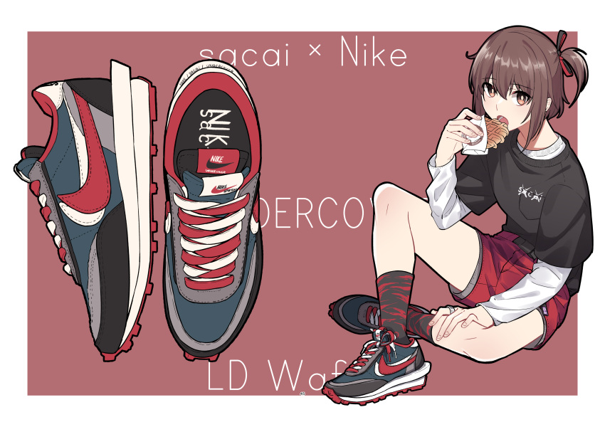 Safebooru - 1girl absurdres black shirt black socks border brown eyes brown hair casual ...
