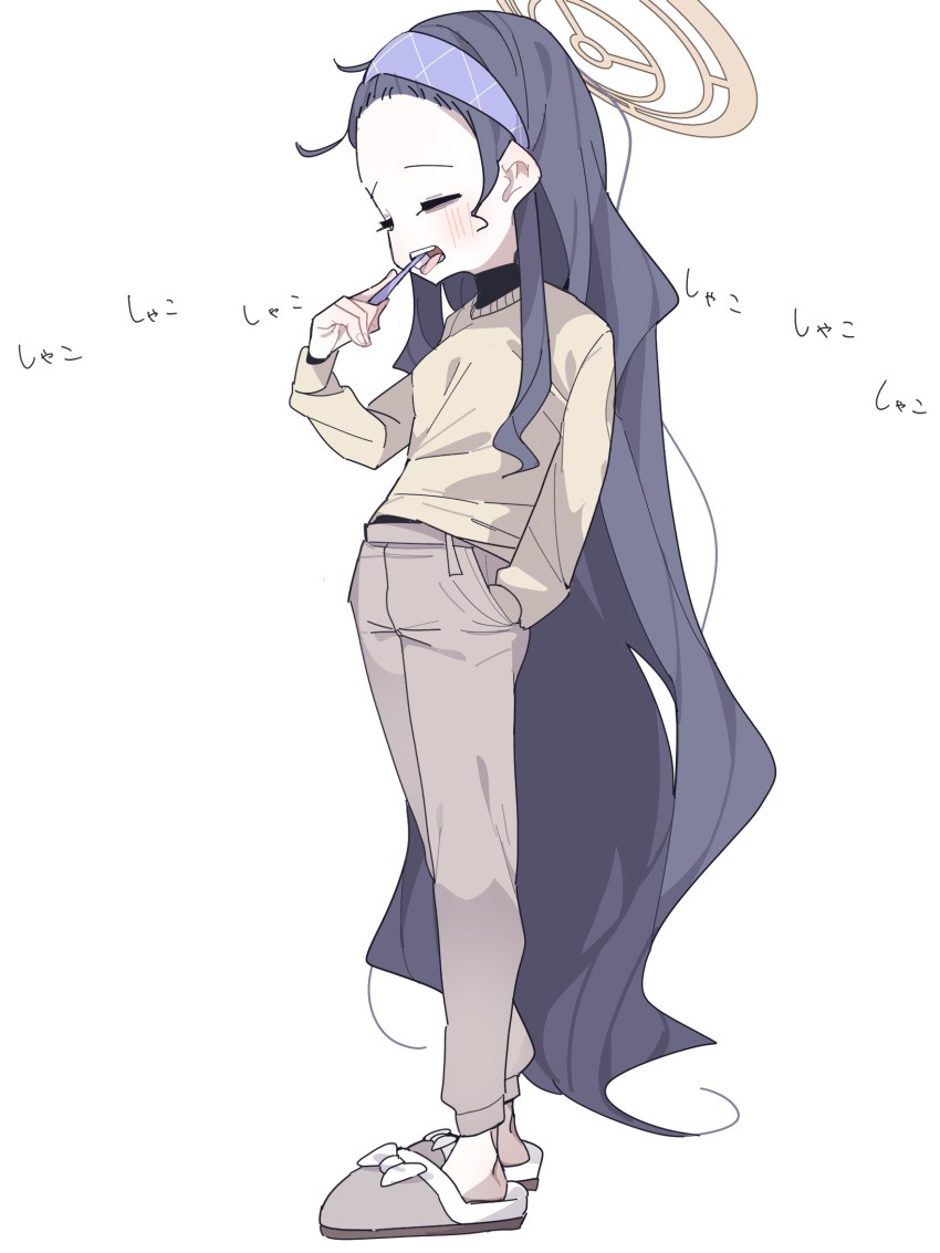 Safebooru 1girl Black Hair Blue Archive Brushing Teeth Forehead 9790