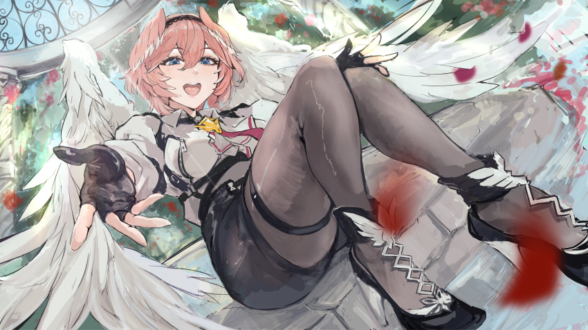 Safebooru - 1girl absurdres angel wings black gloves blue eyes breasts falling petals feathered ...