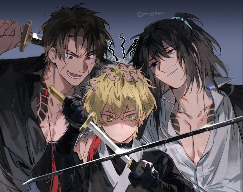 Safebooru - 3boys black coat black eyes black gloves black hair black ...