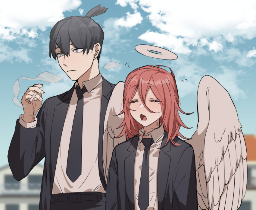 Safebooru - 2boys angel devil (chainsaw man) angel wings bishounen ...