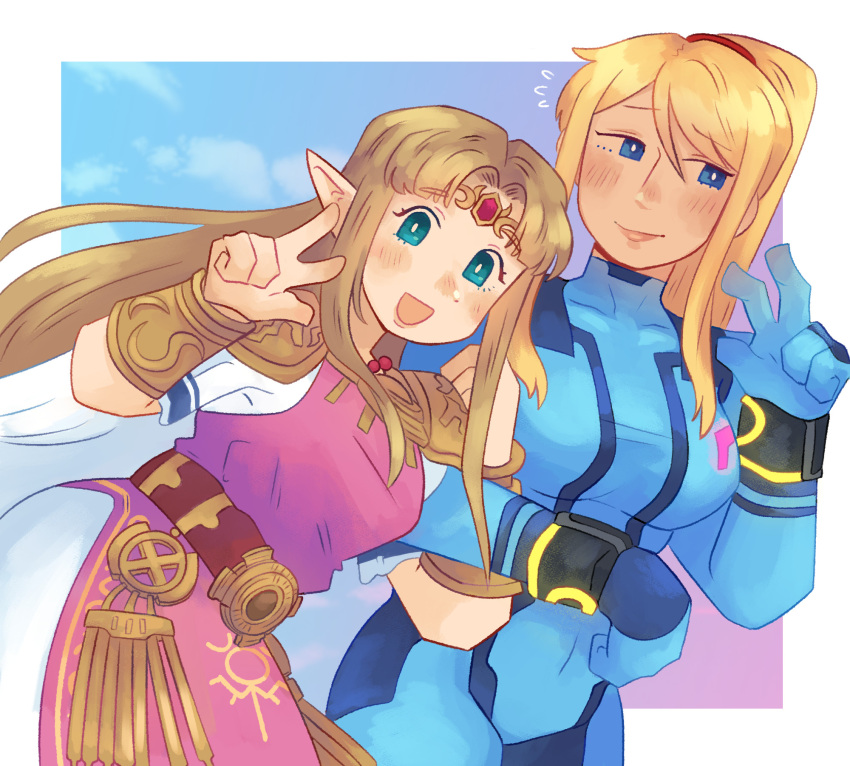 Safebooru - 2girls :d aqua eyes armor blonde hair blue bodysuit blue eyes blush bodysuit brown ...
