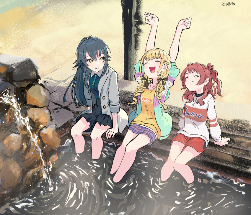 Safebooru - 3girls ^ ^ absurdres arm support ashiyu bare legs black skirt blonde hair blue skirt ...