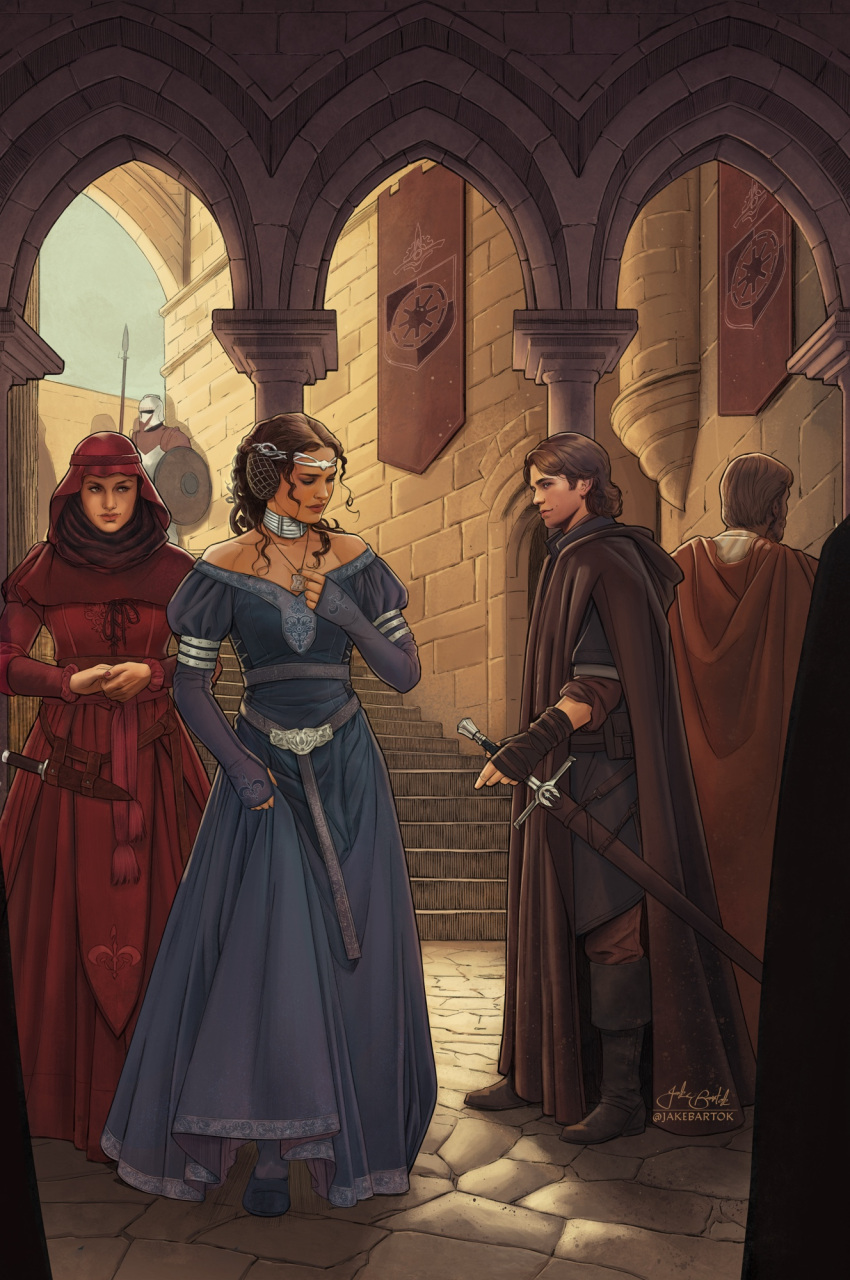 Safebooru - 2boys 2girls alternate costume anakin skywalker blue dress brown cloak brown hair ...