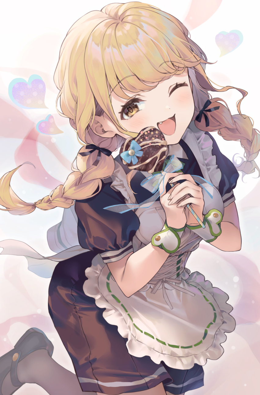 Safebooru - 1girl ;d alternate costume apron black ribbon black shoes blonde hair blush braid ...