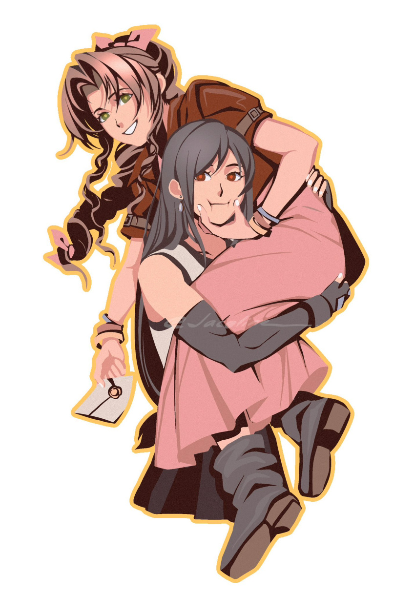 Safebooru - 2girls aerith gainsborough bangle bare shoulders black gloves black hair black skirt ...