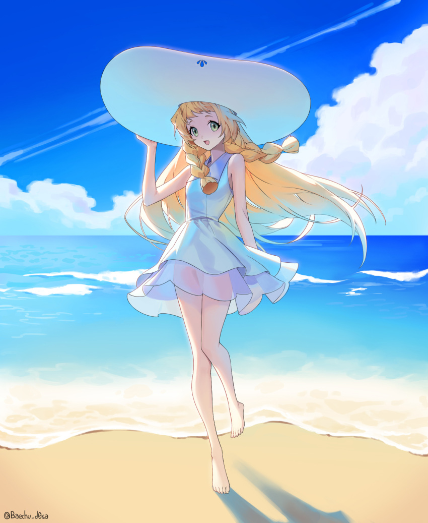Safebooru - 1girl barefoot blonde hair blunt bangs braid clouds contrail day dress green eyes ...