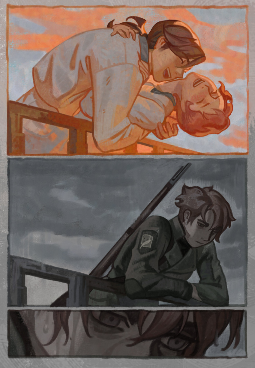 Safebooru - 1boy 1girl absurdres army bags under eyes blue sky bridge closed eyes clouds cloudy ...
