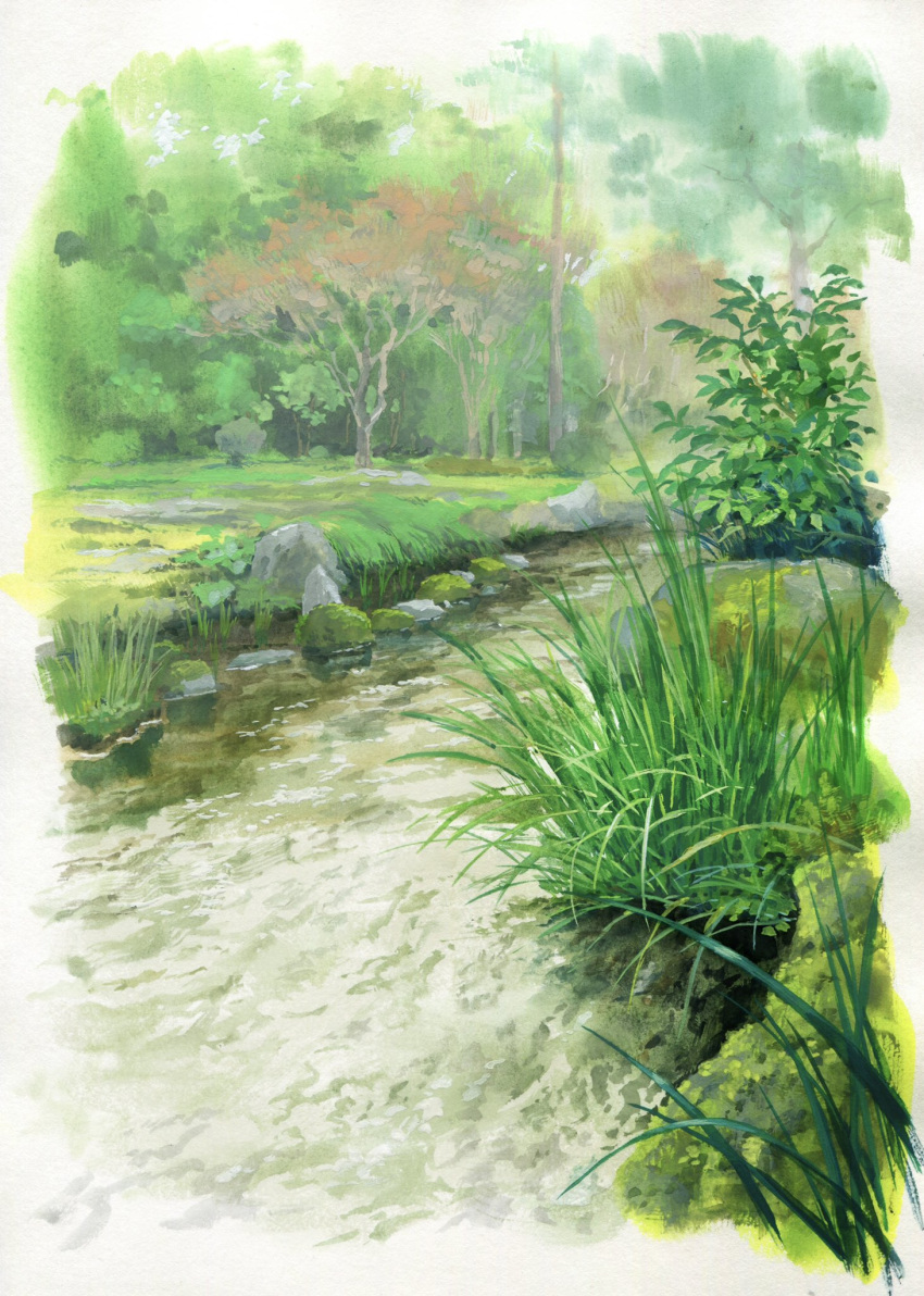 Safebooru - border day grass highres no humans original outdoors plant rock sawitou mizuki ...