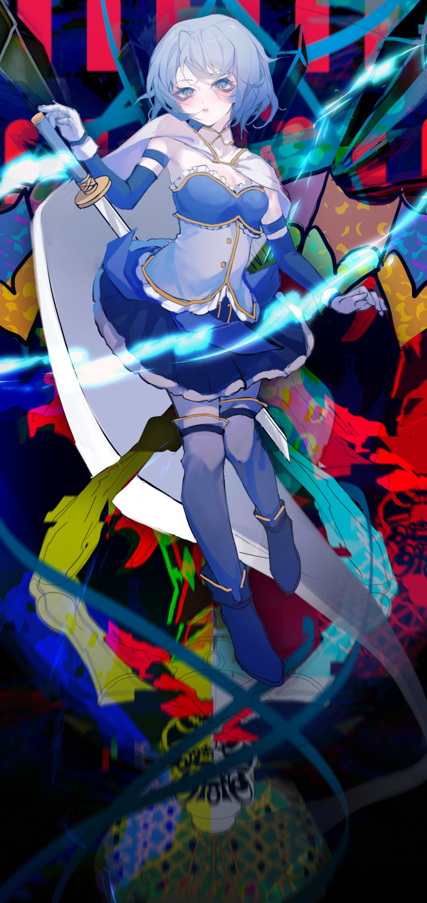 Safebooru - 1girl abstract background absurdres ahehehe blue boots blue eyes blue hair blush ...