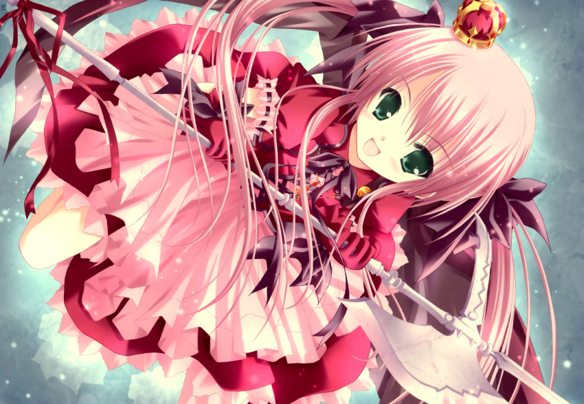 Safebooru - axe blush crown dress gloves green eyes hat highres pink ...