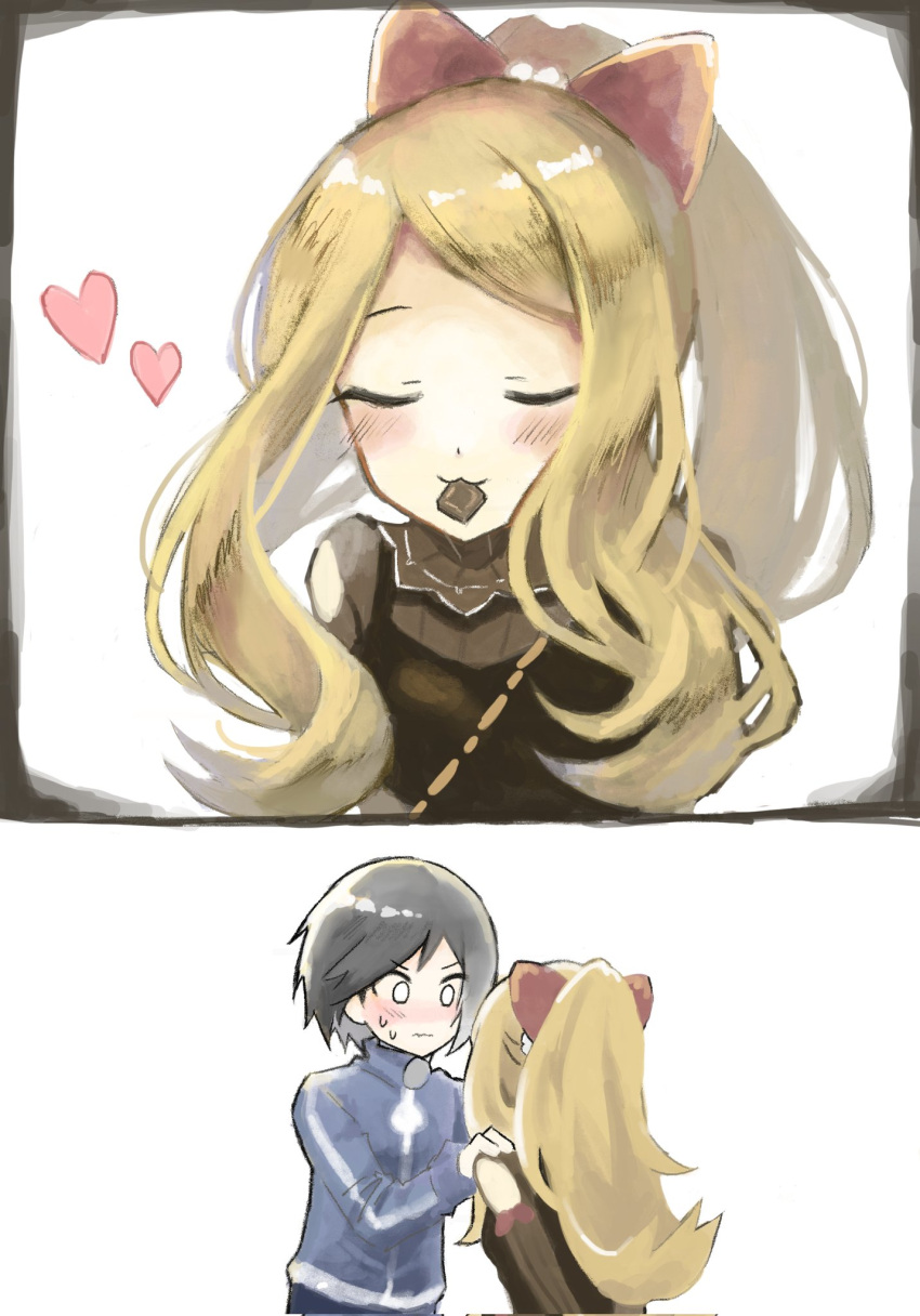 Safebooru - 1boy 1girl black hair blonde hair blue jacket blush calem (pokemon) chocolate closed ...