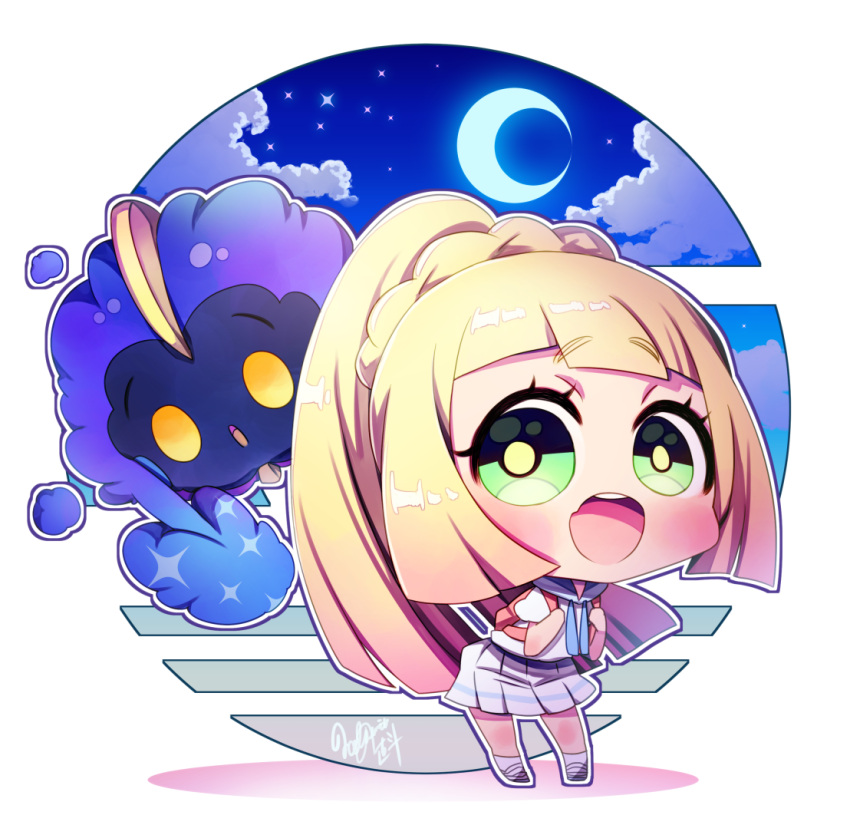 Safebooru - 1girl bag blonde hair blunt bangs chibi clouds cloudy sky ...