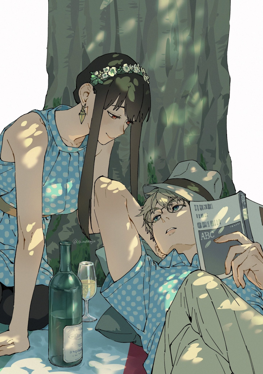 Safebooru - 1boy 1girl arm support bare shoulders black hair black pantyhose blonde hair blue ...