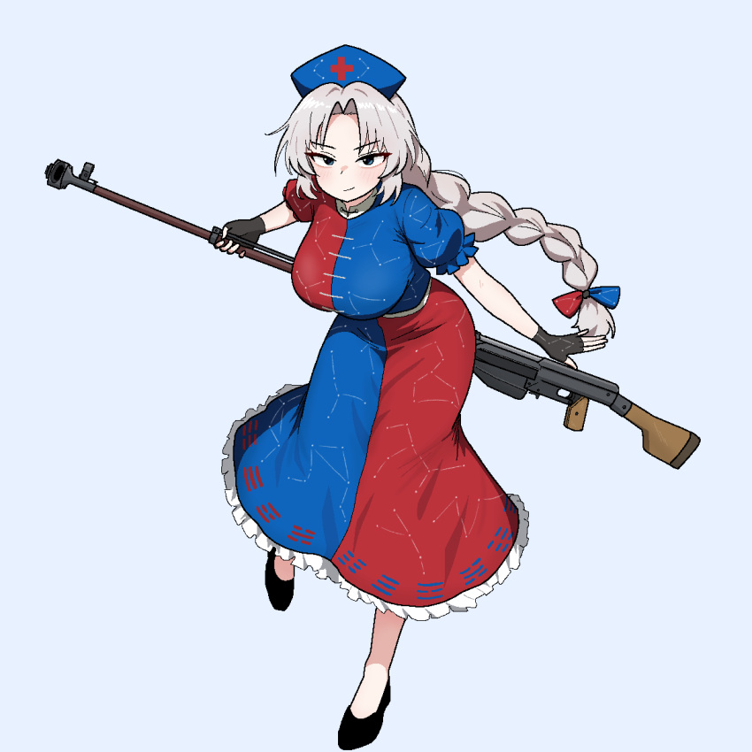 Safebooru - 1girl anti-materiel rifle blue background blue dress braid cocktiel77 dress ...