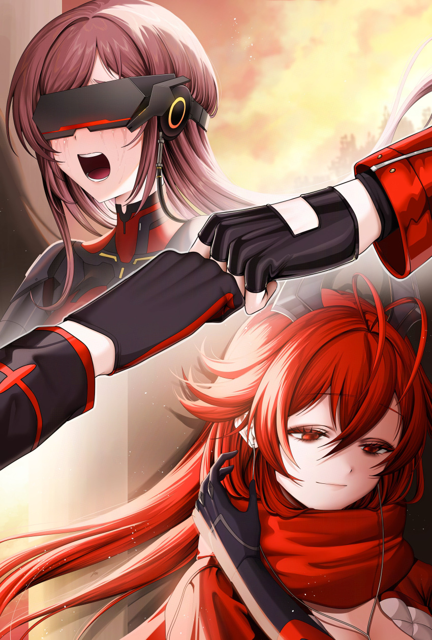 Safebooru - 2girls absurdres black gloves bodysuit breasts brown hair crying empty eyes fist ...