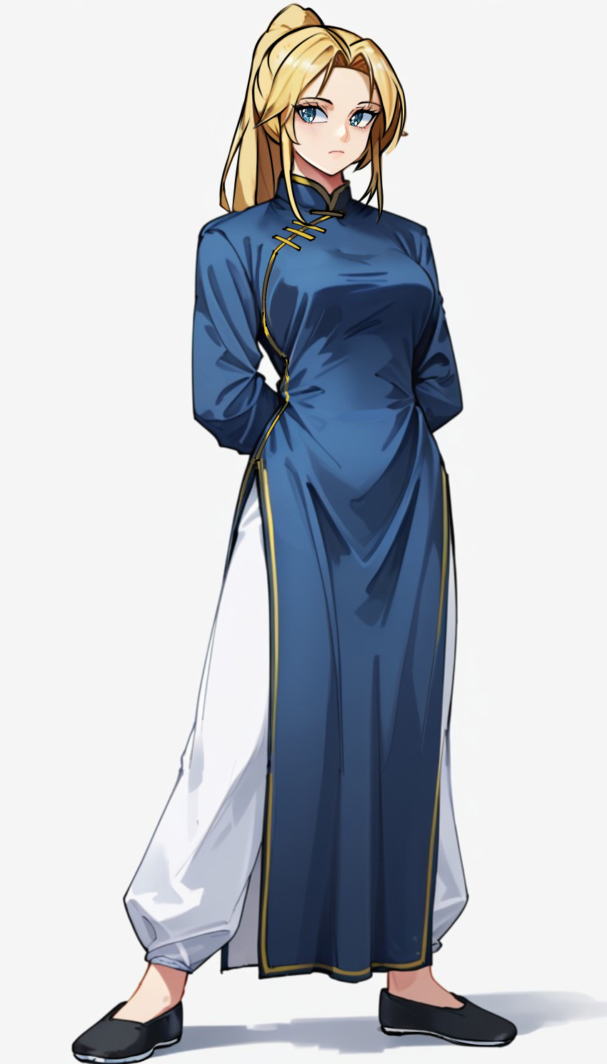 Safebooru - 1girl absurdres arms behind back blonde hair blue dress ...