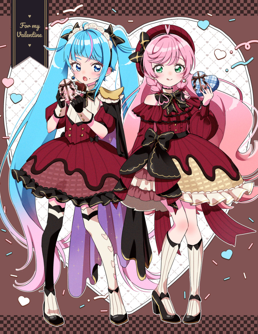 Safebooru - 2girls :q ahoge alternate costume asymmetrical legwear blue eyes blue hair bow box ...